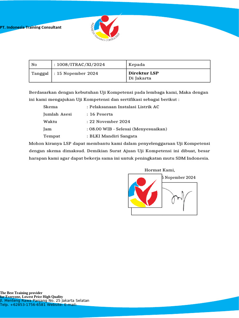 SURAT PENGAJUAN UJK BLKI Mandiri Sangata | PDF
