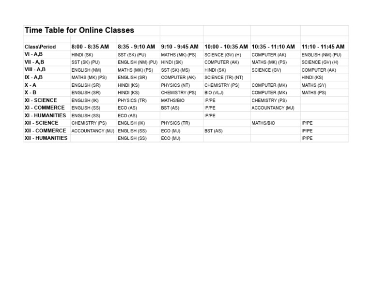 Time Table For Online Classes - Sheet1 | PDF