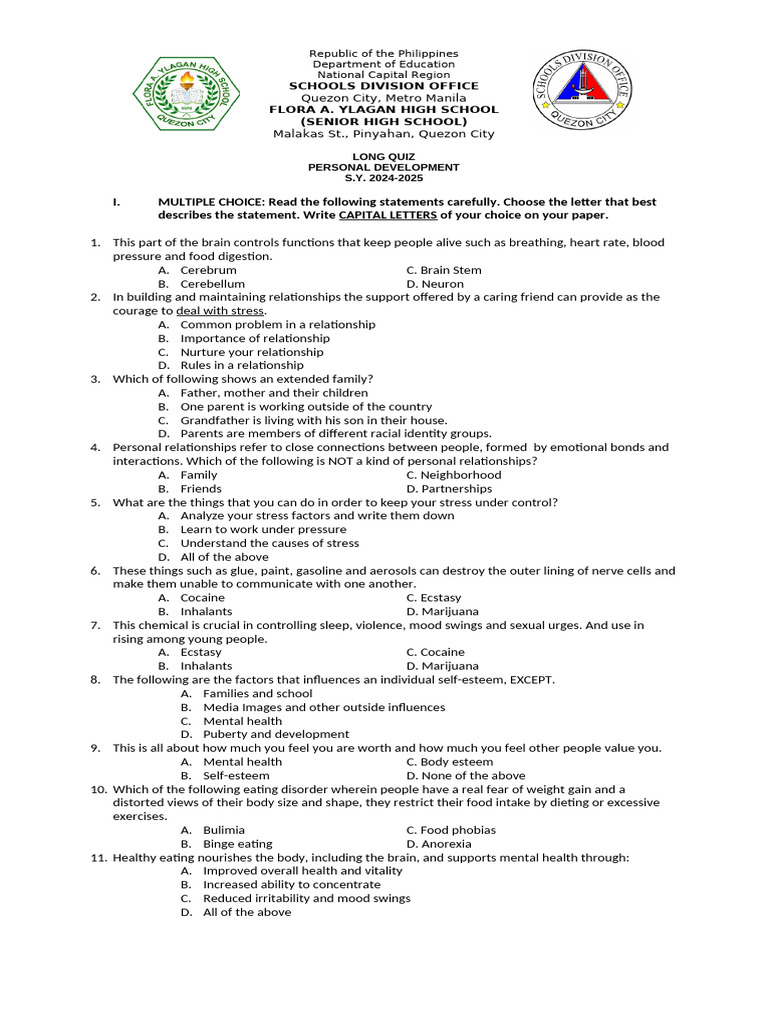 Personal Development Final Exam | PDF | Family | Eating Disorder