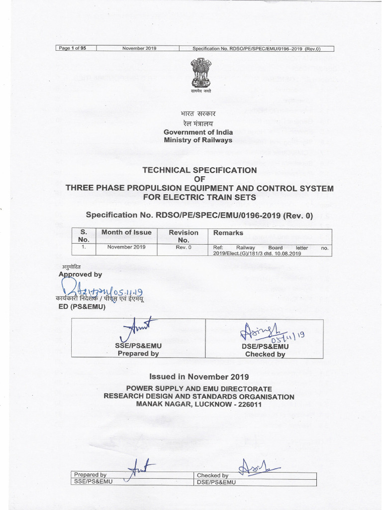 EMU Specification RDSO/PE/SPEC/0196 | PDF | Specification (Technical ...