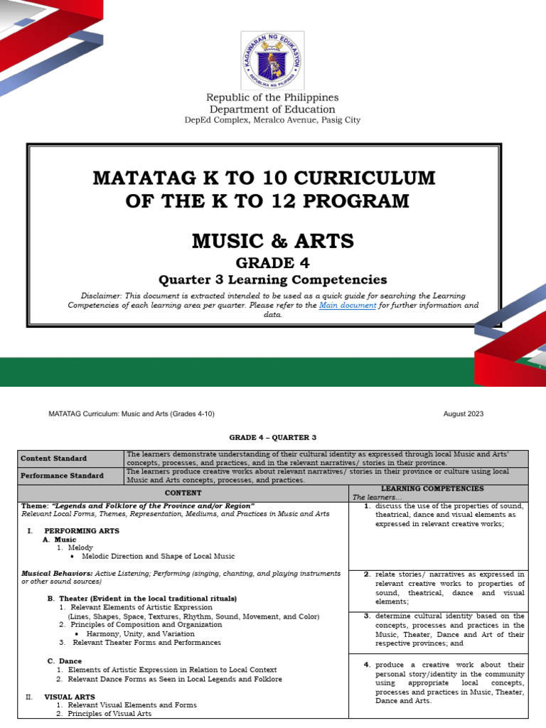Grade 4 Music & Arts Q3 Overview | PDF | The Arts | Learning