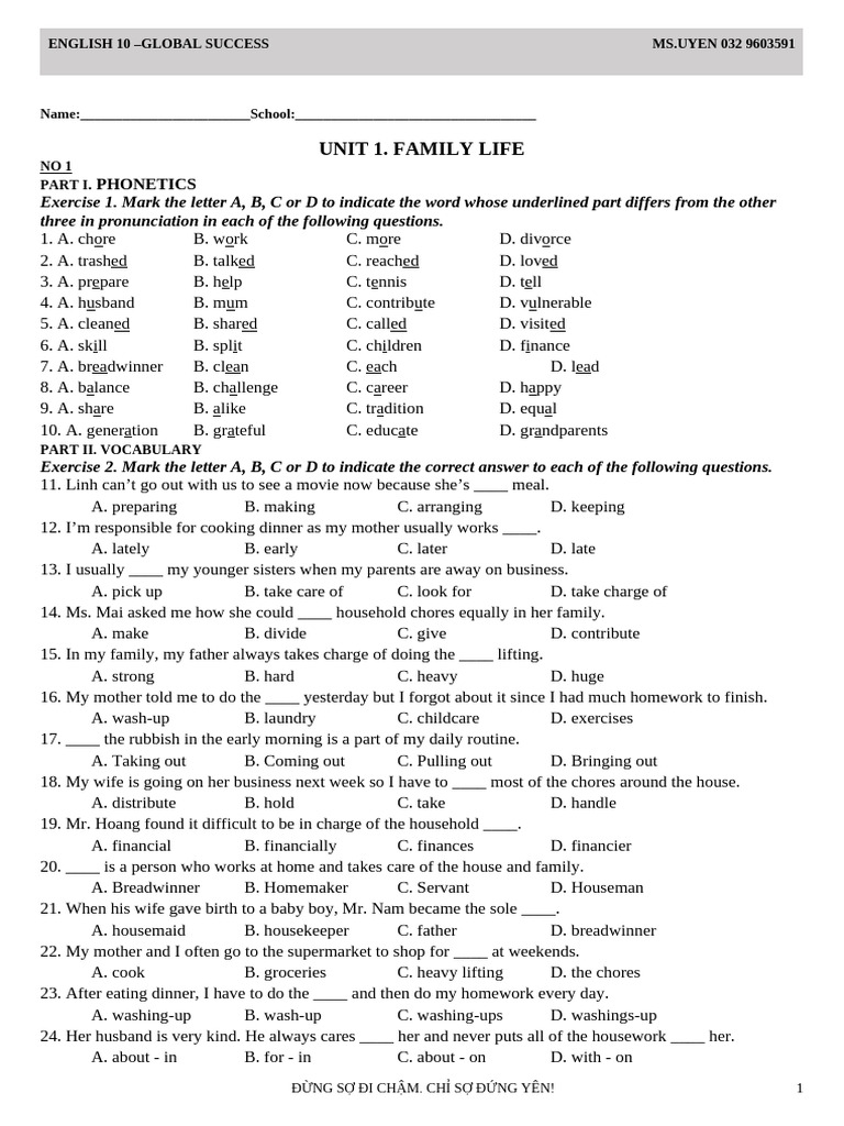 E10.gs - BT Unit 1-Family Life | PDF | Marriage