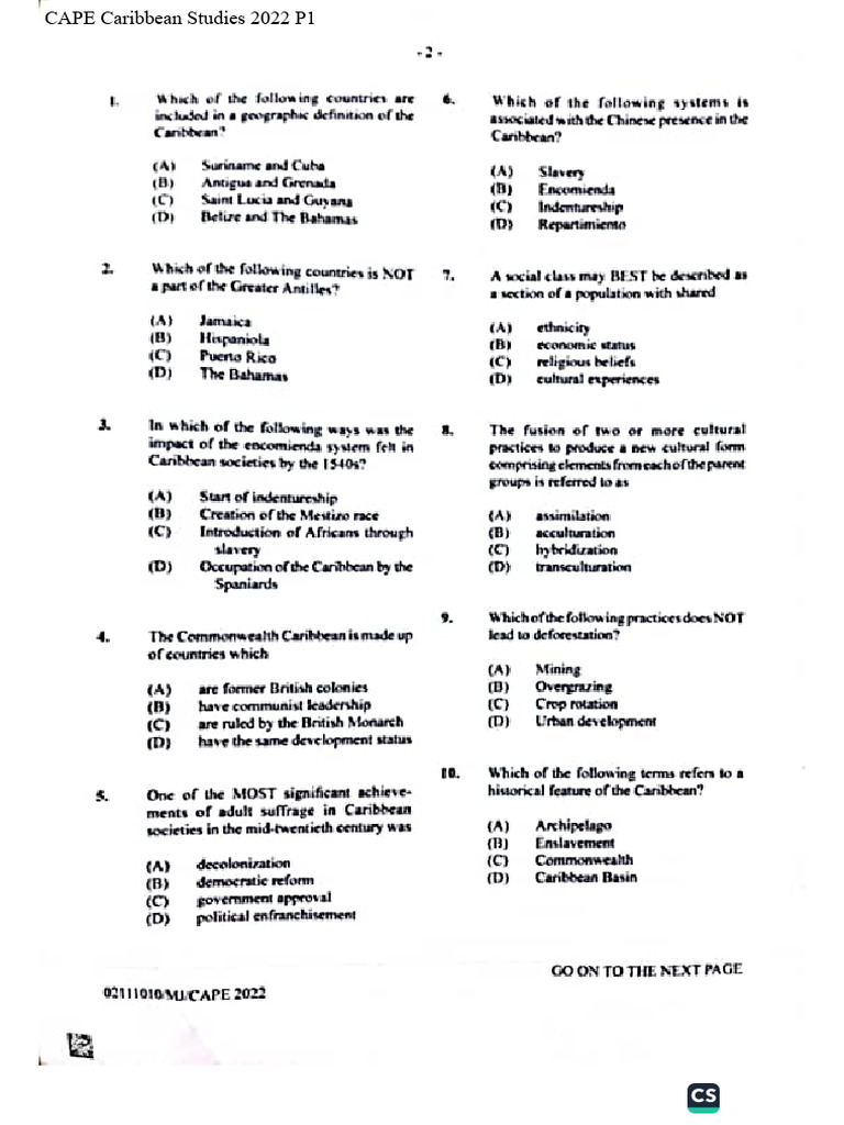 CXC CAPE - Caribbean - Studies - 2022 - P1 | PDF