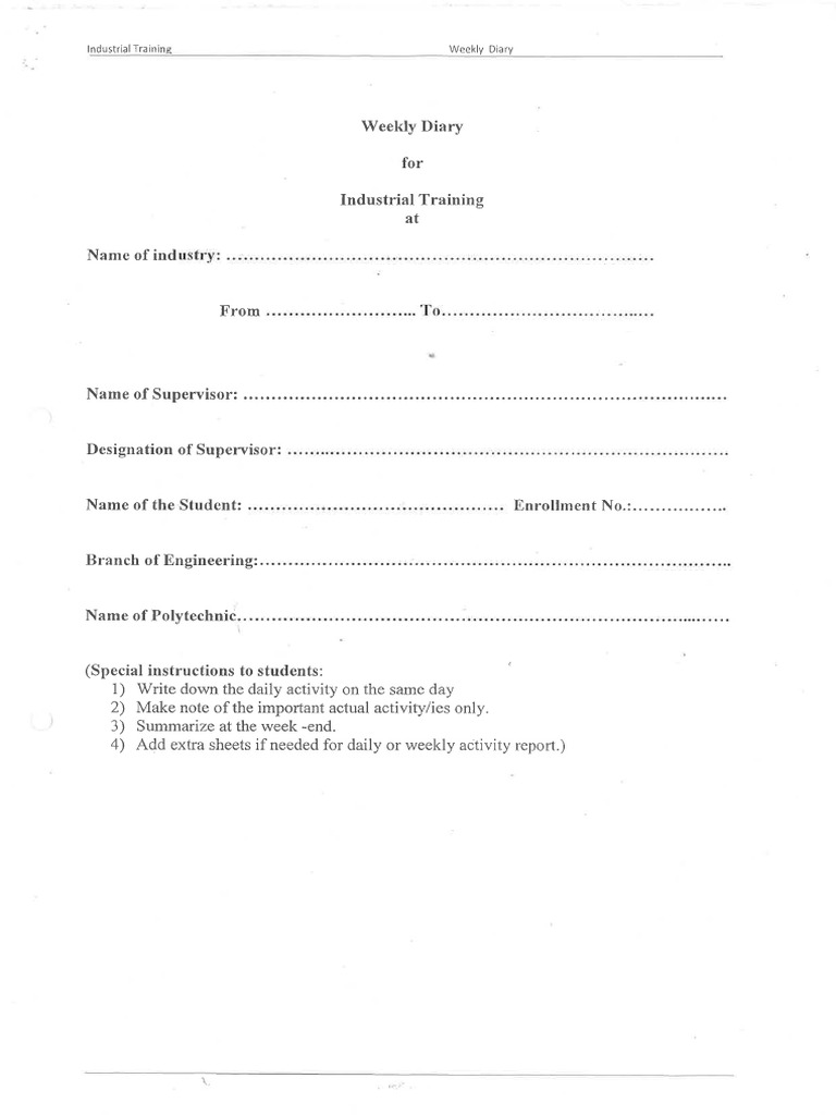 Industrial Training Weekly Diary Format | PDF