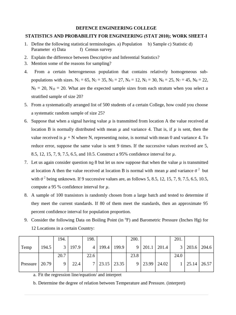 Worksheet I Pdf Statistics Sampling Statistics