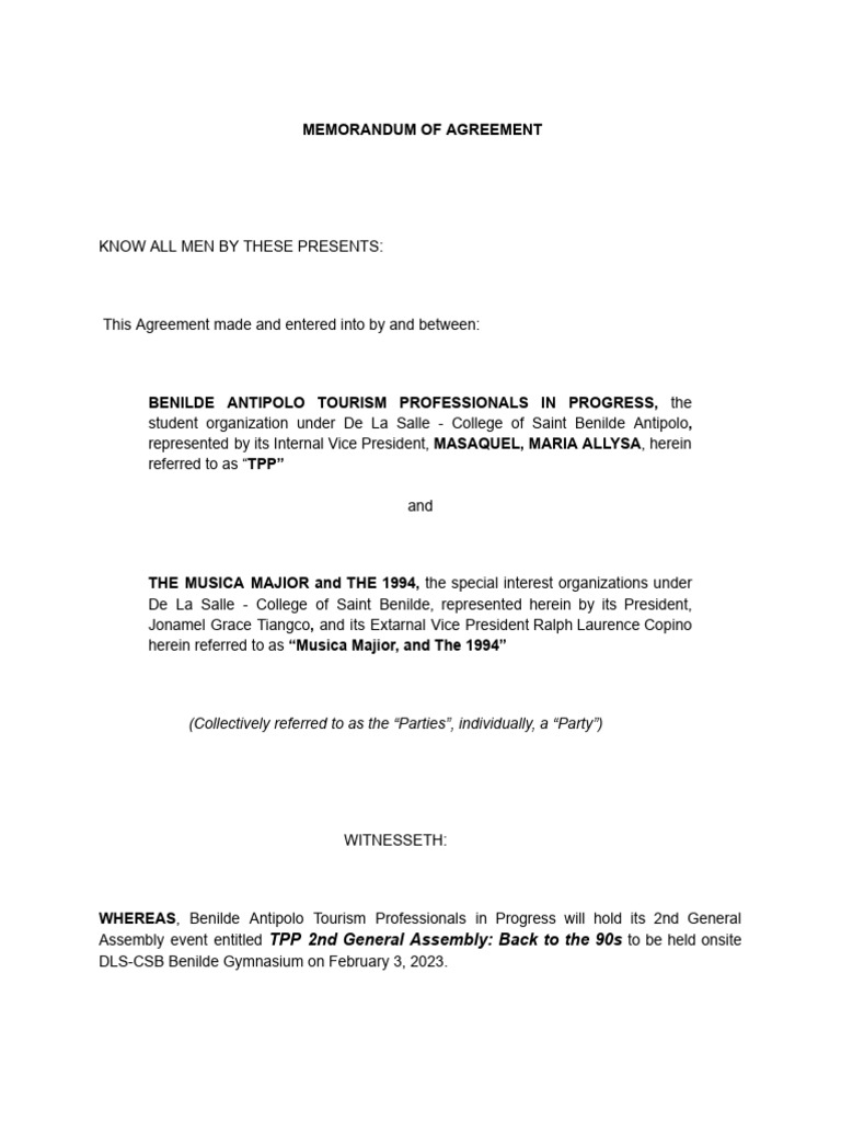 Memorandum of Agreement Template | PDF | Indemnity | Private Law