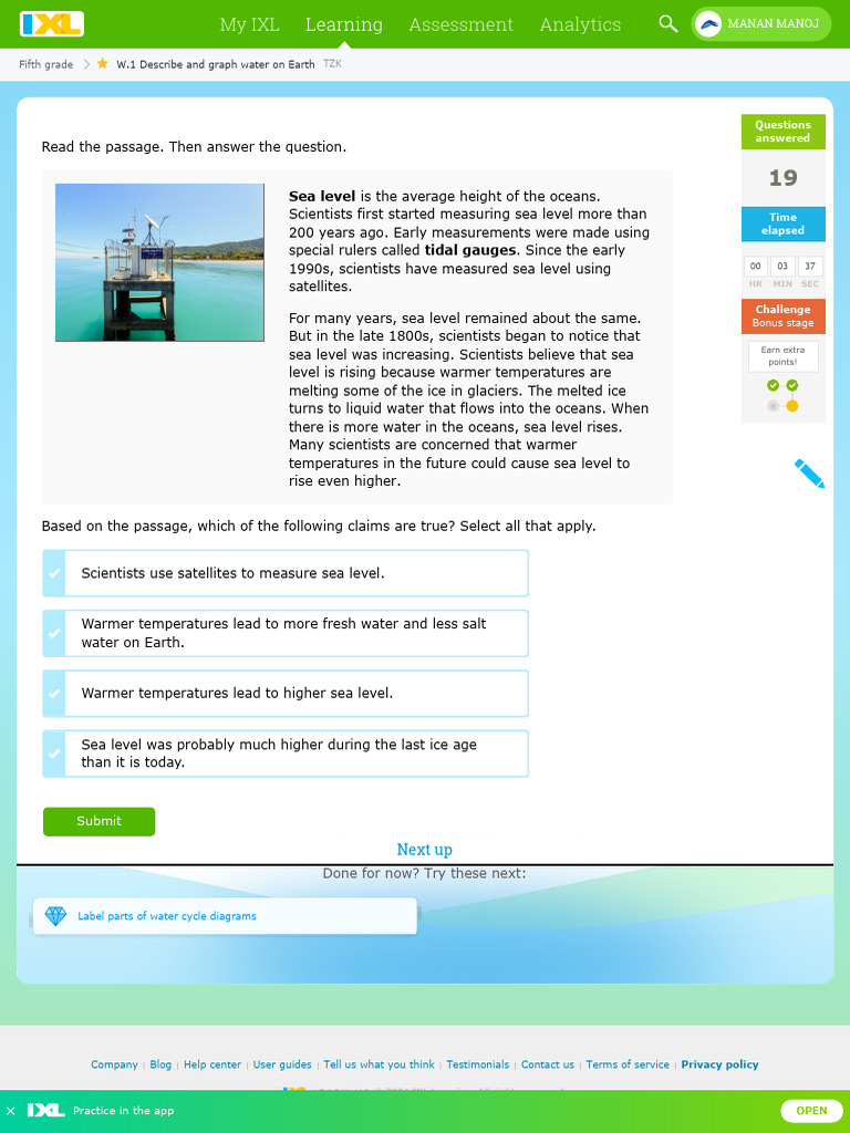 IXL Describe and Graph Water On Earth 5th Grade Science | PDF | Sea Level | Water