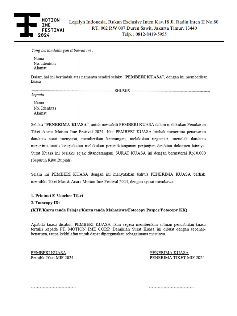 Surat Kuasa Motion Ime Festival 2024 | PDF
