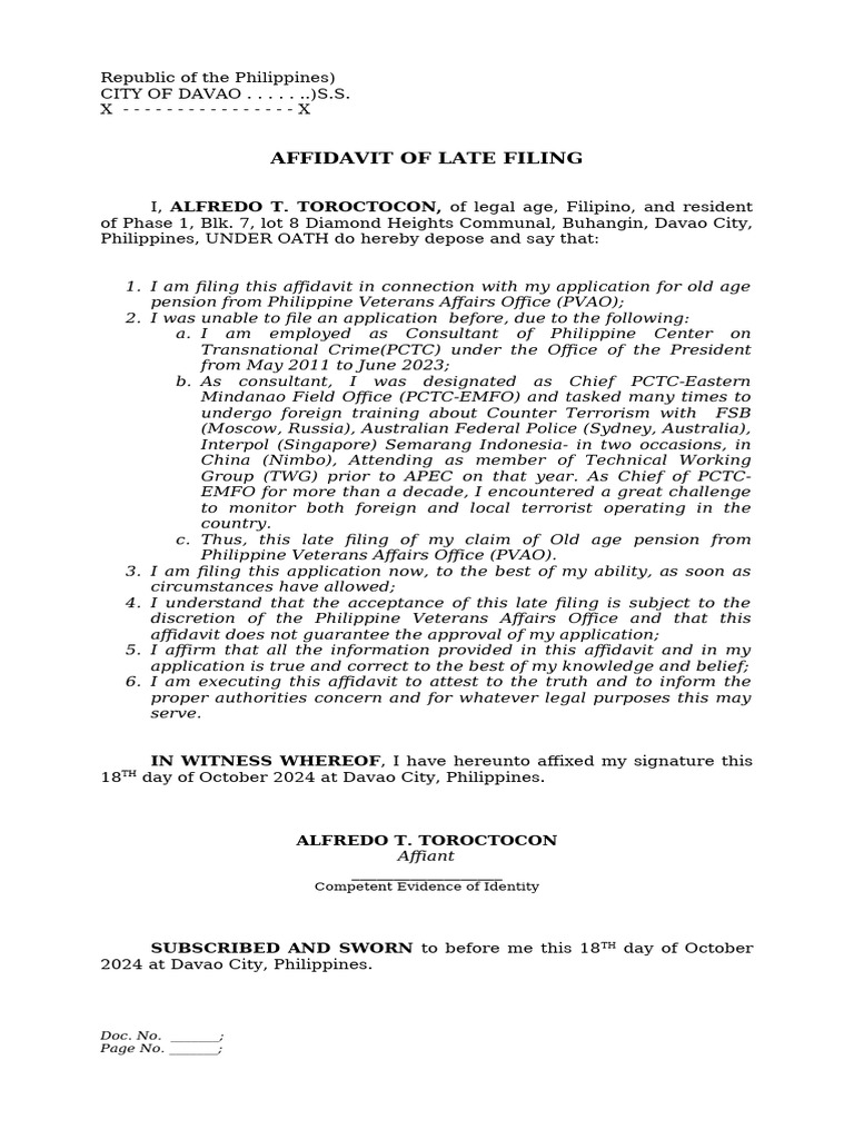 affidavit of late filing | PDF | Affidavit | National Security