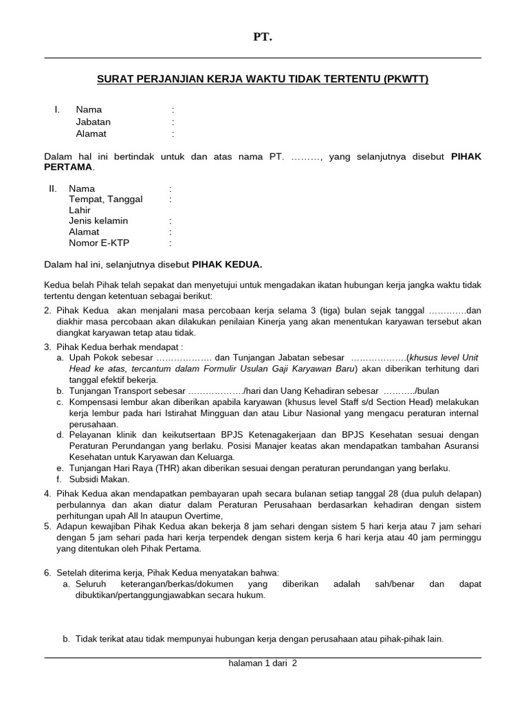 Perjanjian Kerja Karyawan Tetap | PDF