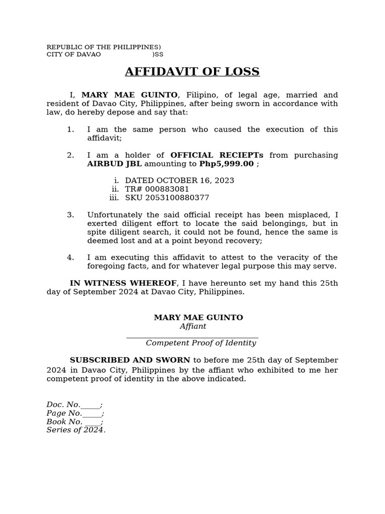 Affidavit of Loss (Receipt) | PDF | Affidavit | Civil Law (Common Law)