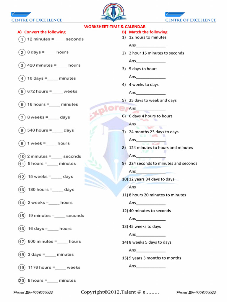 Worksheet-Time & Calendar | PDF