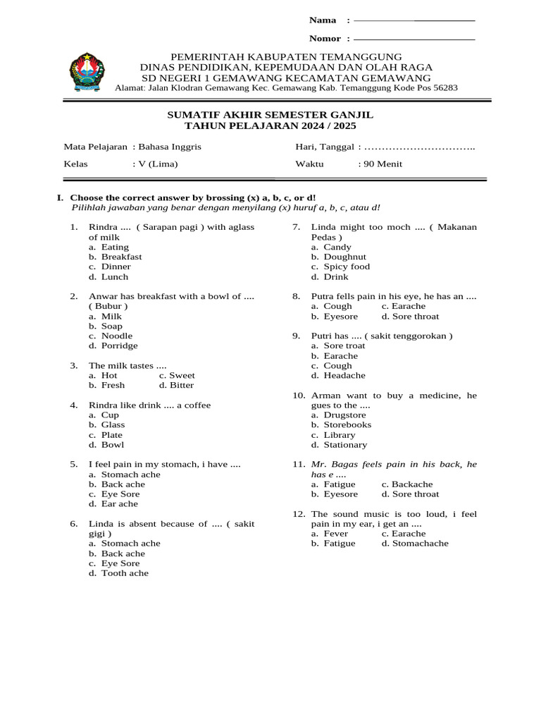 Soal & Kunci Jawaban PAS Kelas V | PDF | Diseases And Disorders