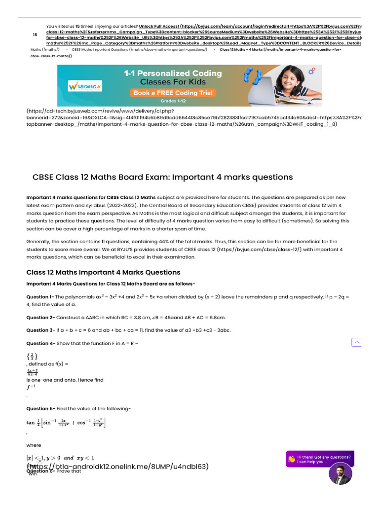 Important 4 Marks Questions for CBSE 12 | PDF | Qualifications ...