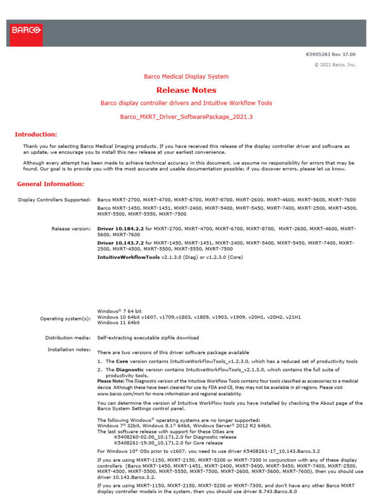 BARCO - K5905283 37 ReleaseNote | PDF | Operating System | Windows 10