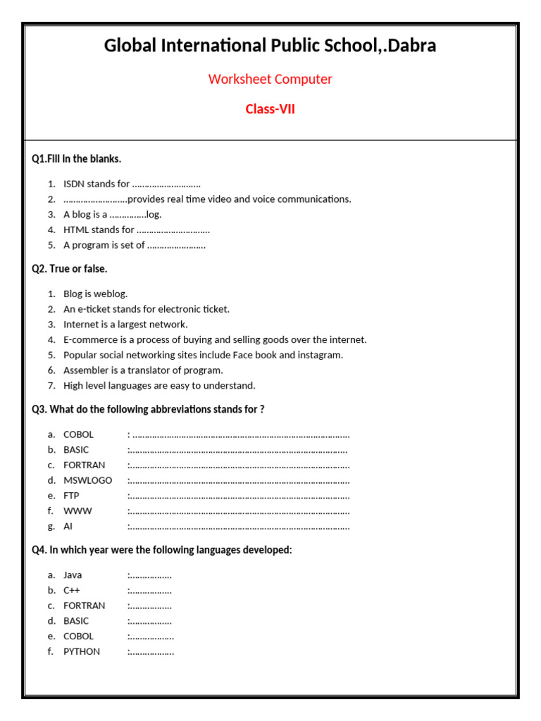 Class-VII Worksheet For Computer | PDF