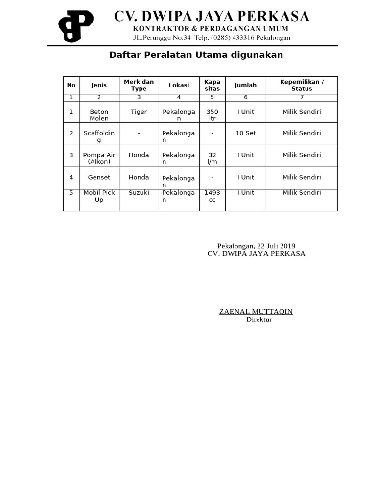 Daftar Peralatan Utama | PDF