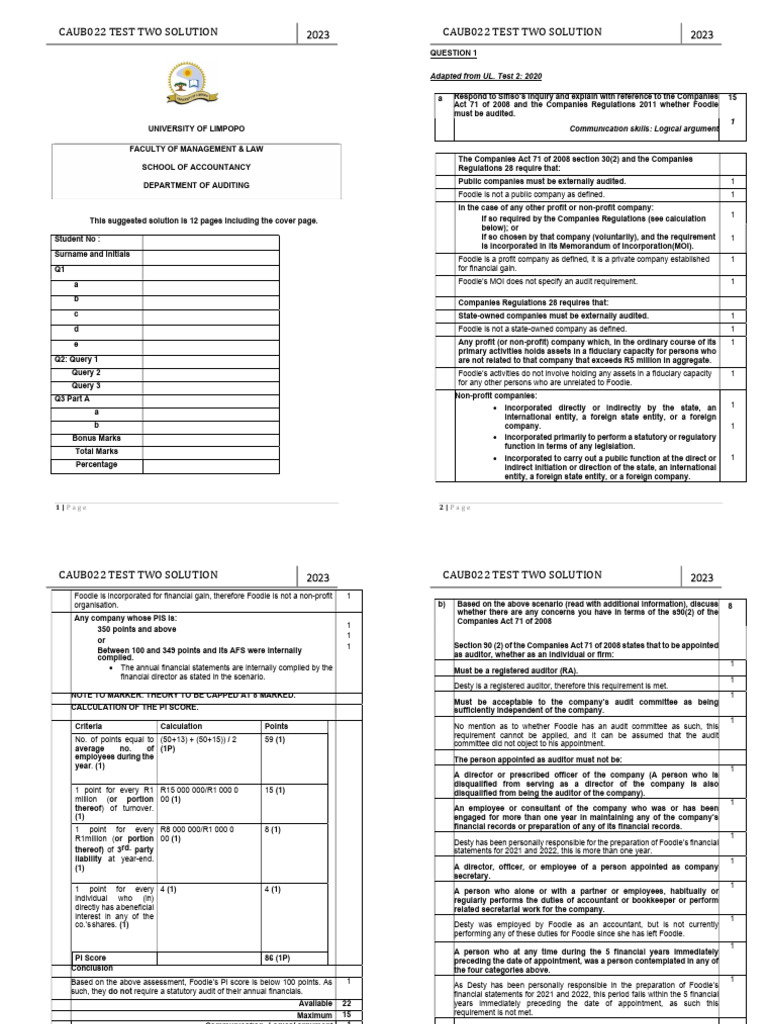 CAUB022 Test 2 Memo 2023 - Test Pack | PDF | Audit | Internal Control