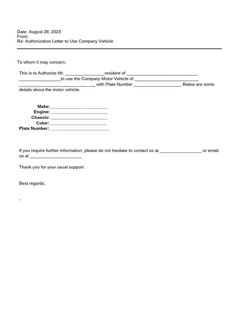 Company Vehicle Authorization Letter | PDF