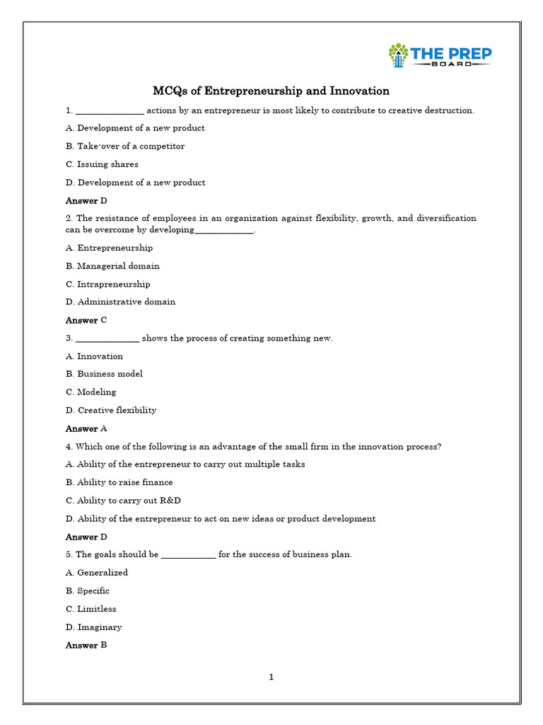 MCQs of Entrepreneurship and Innovation | PDF | Entrepreneurship | Venture Capital