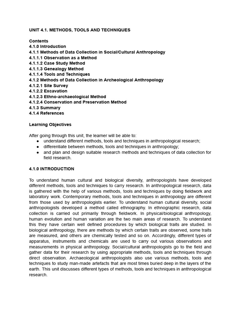 Unit 4.1. Methods, Tools and Techniques | PDF | Anthropology | Field Research
