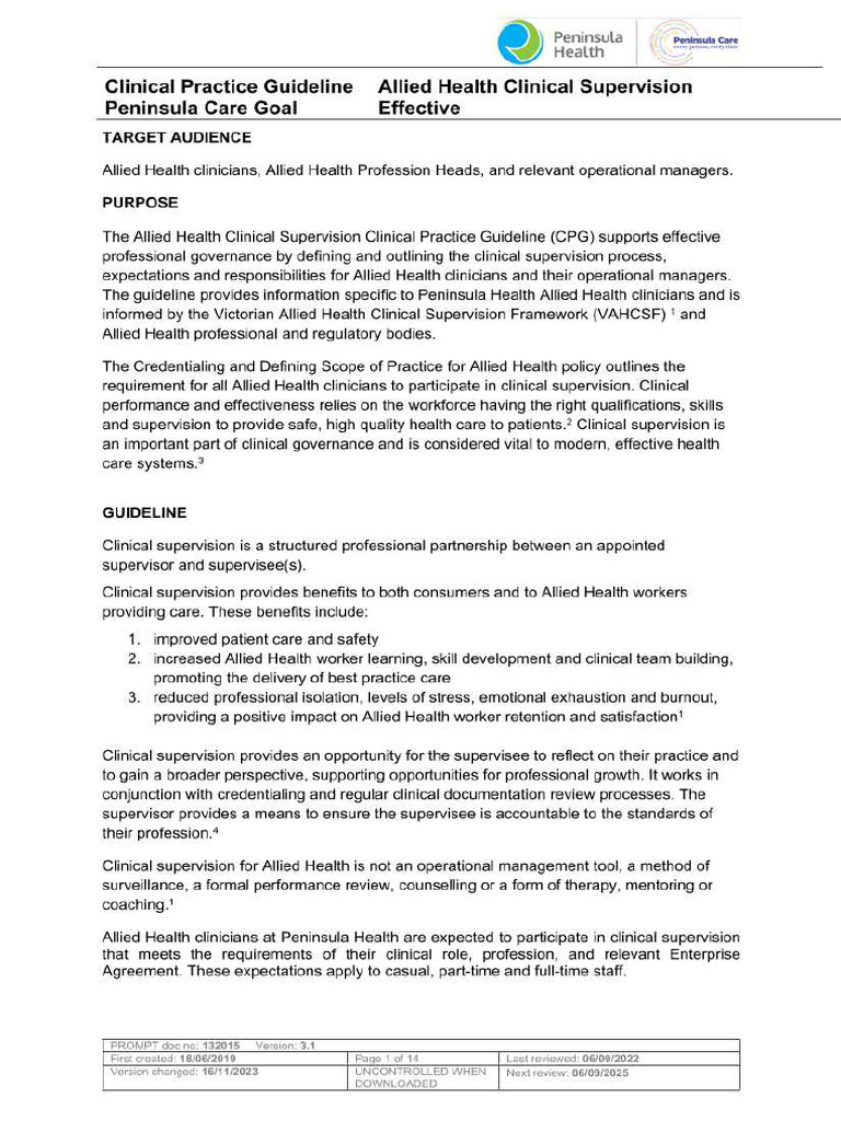 Peninsula Health Guideline Allied Health Clinical Supervision | PDF