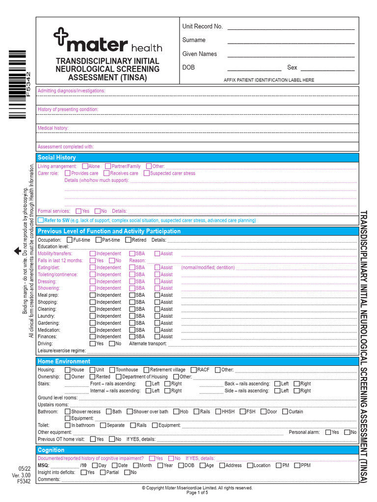 Mater Health TINSA form | PDF | Caregiver | Speech