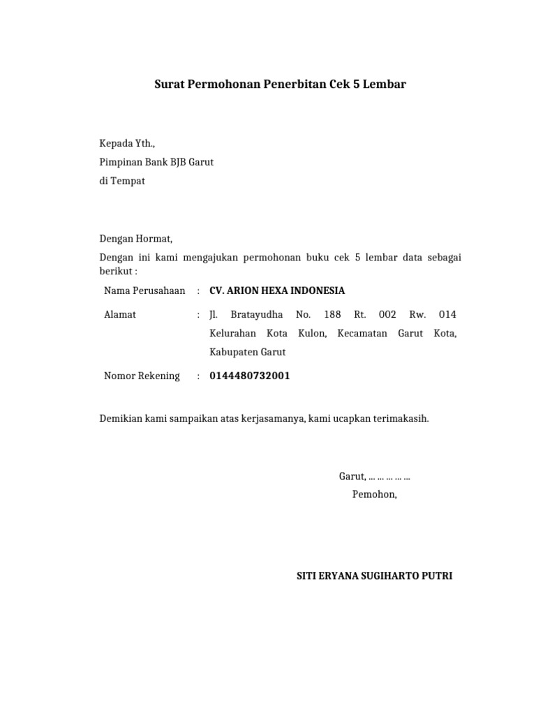 Surat Permohonan Penerbitan Cek 5 Lembar | PDF