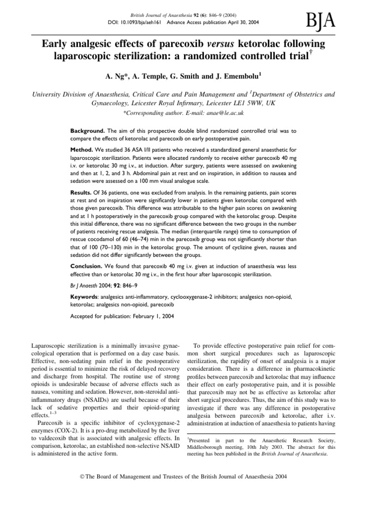 A ng early analgesic effects of parecoxib versus ketorolac | PDF ... A ng early analgesic effects of parecoxib versus ketorolac | PDF ...