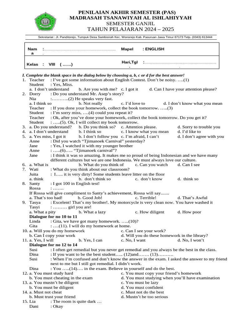 Pas English Ganjil 8 2024 | PDF | Birthdays