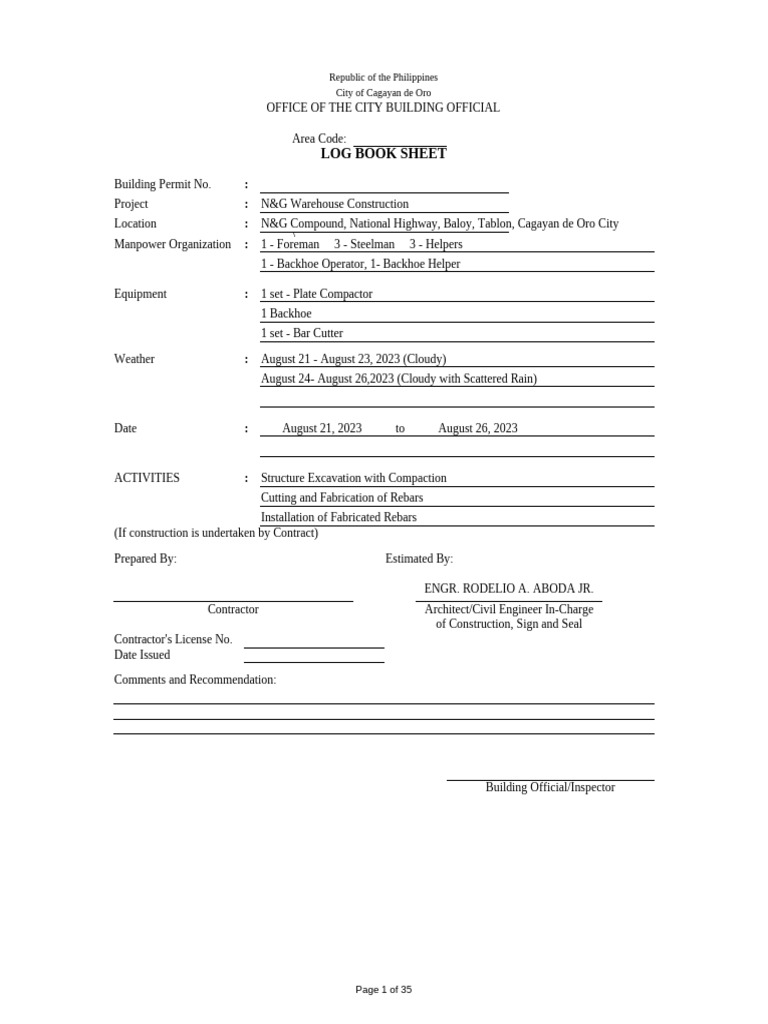 Occupancy Log Book Template | PDF | Masonry | Welding