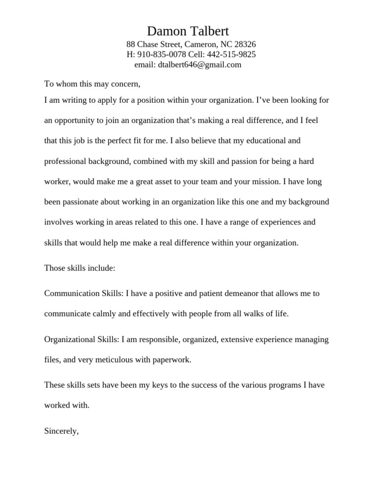 Damon Cover Letter | PDF