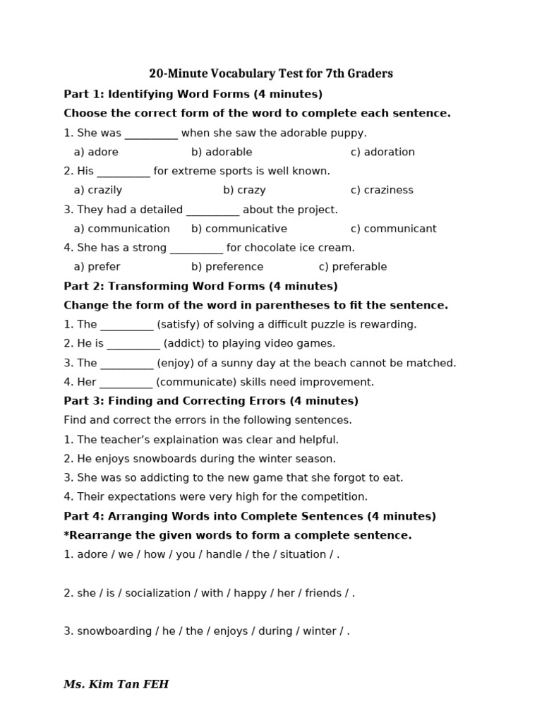Word Formation Test for 7th Graders | PDF