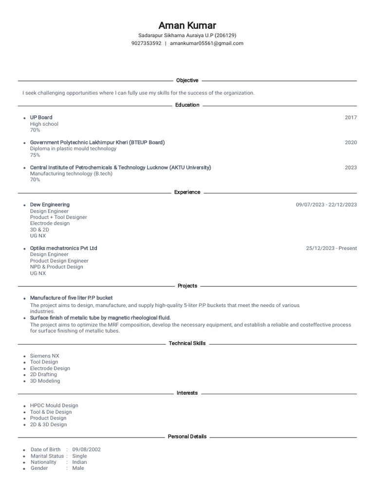 Design Engineer Resume of Aman Kumar | PDF | Physical Sciences ...