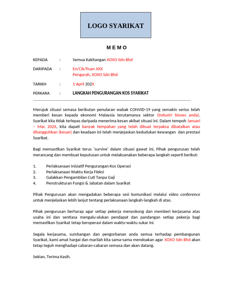 1 - Contoh Memo - (Langkah Pengurangkan Kos Syarikat) | PDF