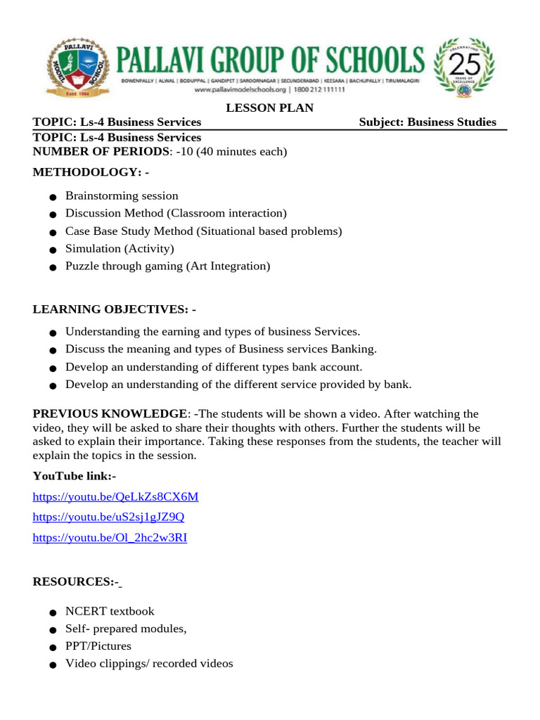 Business Services Lesson Plan for Class 11 | PDF | Lesson Plan | Learning