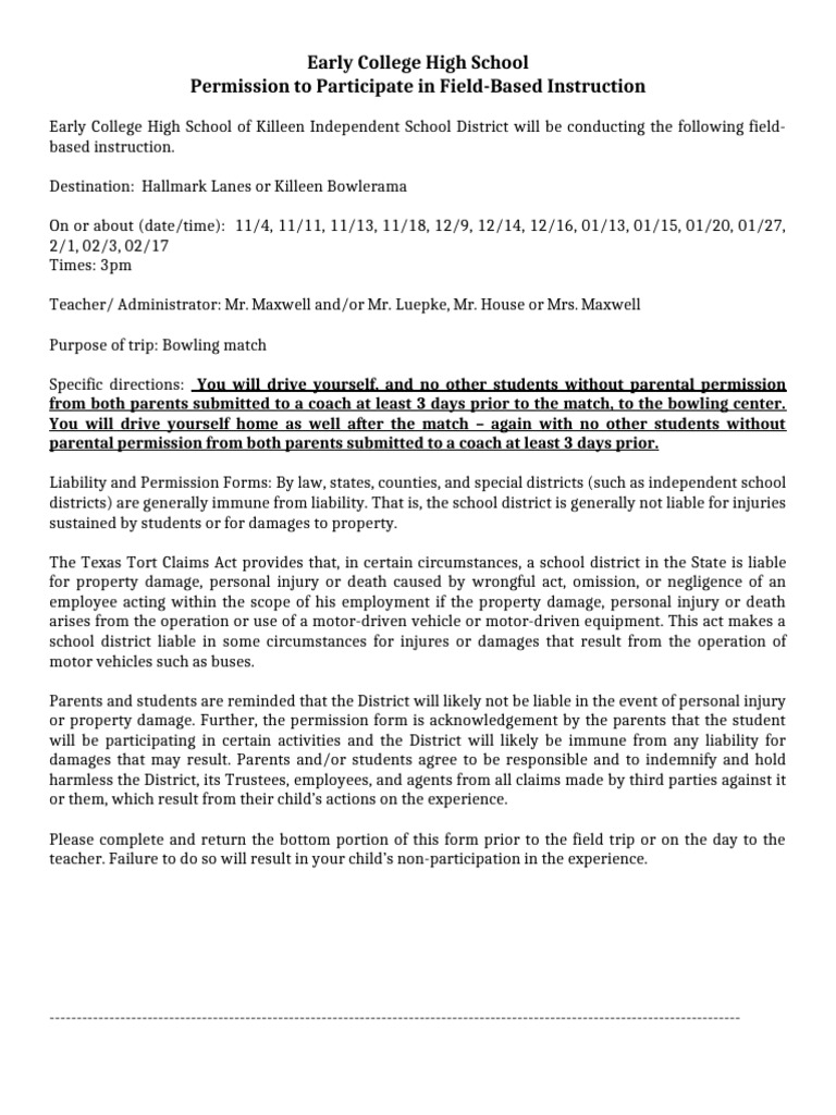 Bowling Permission Slip Drivers 2024-25 | PDF | Legal Liability | Legal ...