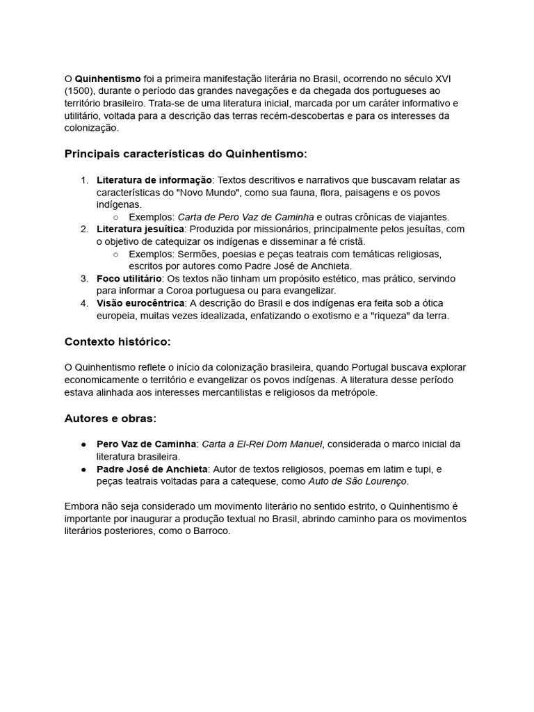 Resumo Sobre o Quinhentismo | PDF