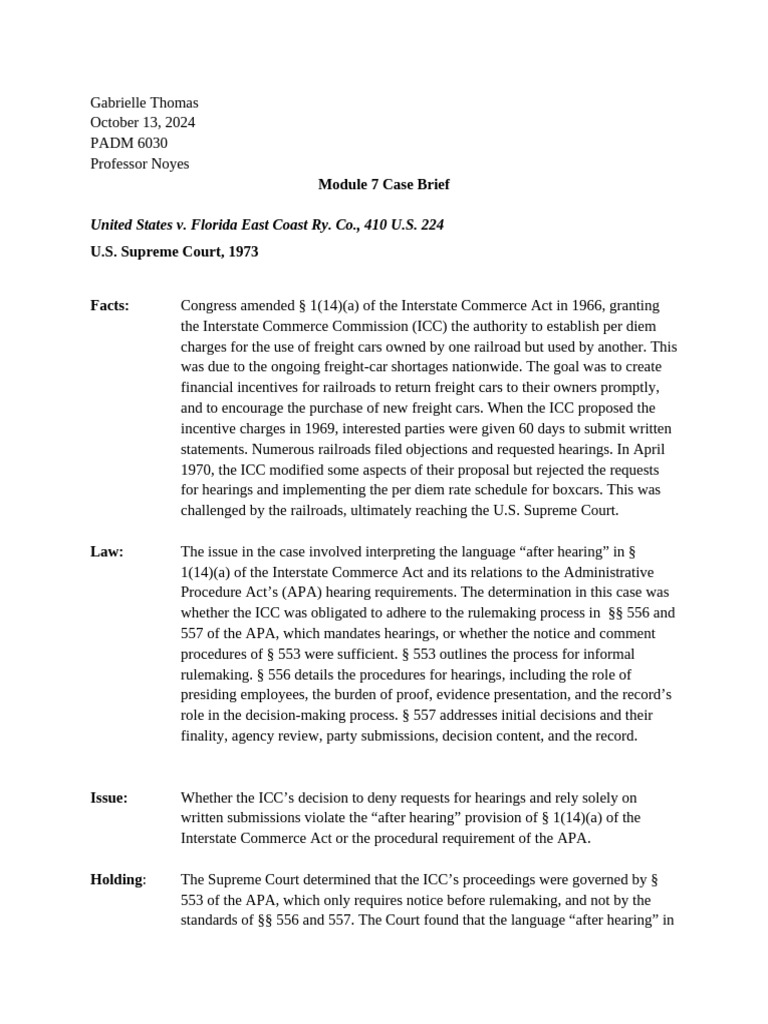 Module 7 Case Brief | PDF | Administrative Procedure Act | Interstate Commerce Commission