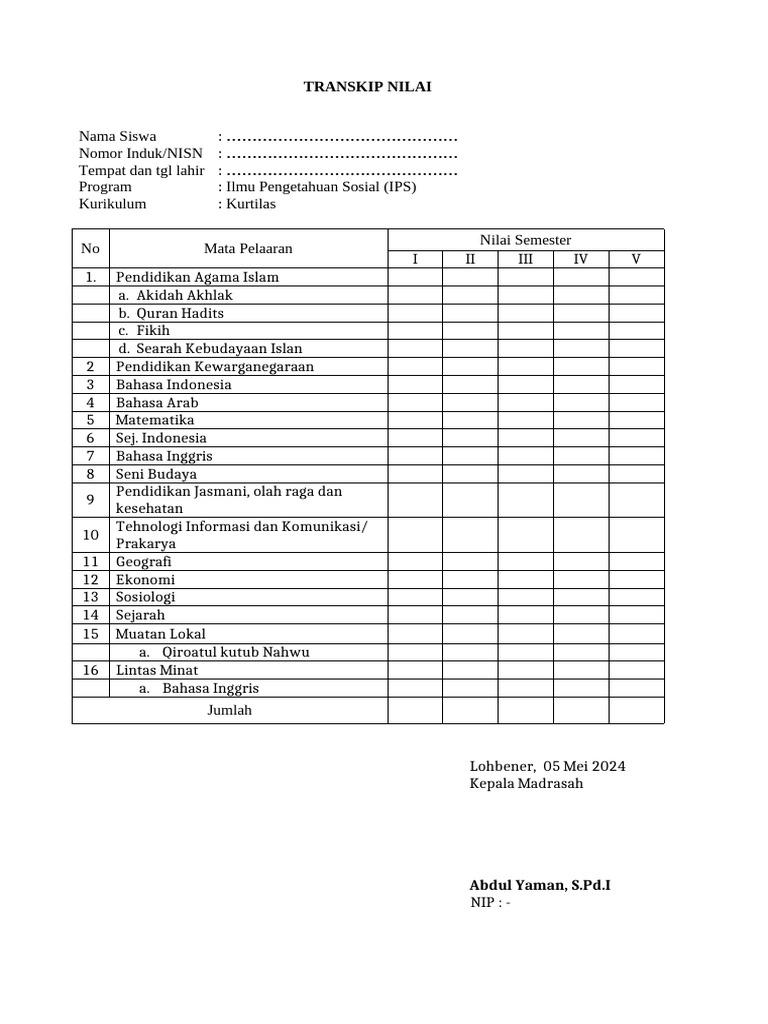 Contoh TRANSKIP NILAI | PDF