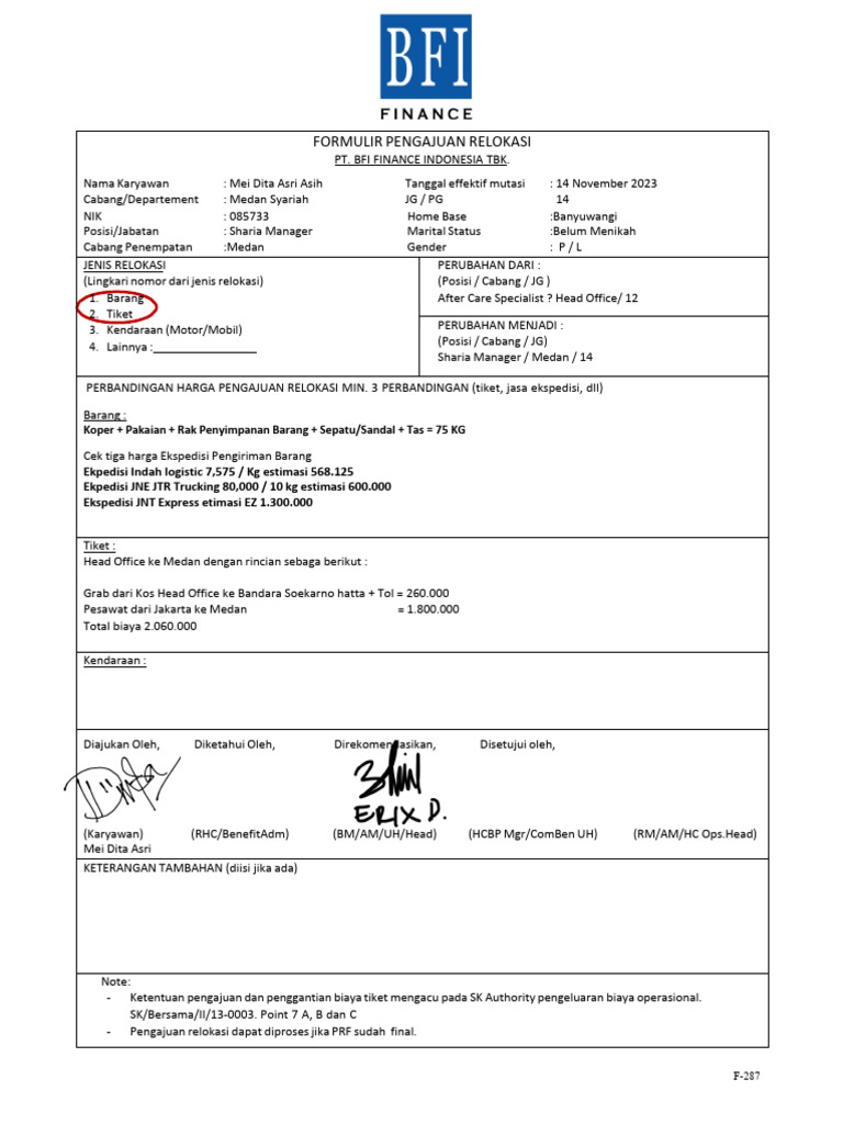 F-287-FORMULIR PENGAJUAN RELOKASI Mei Dita Asri PDF (1) (1) - 1 | PDF