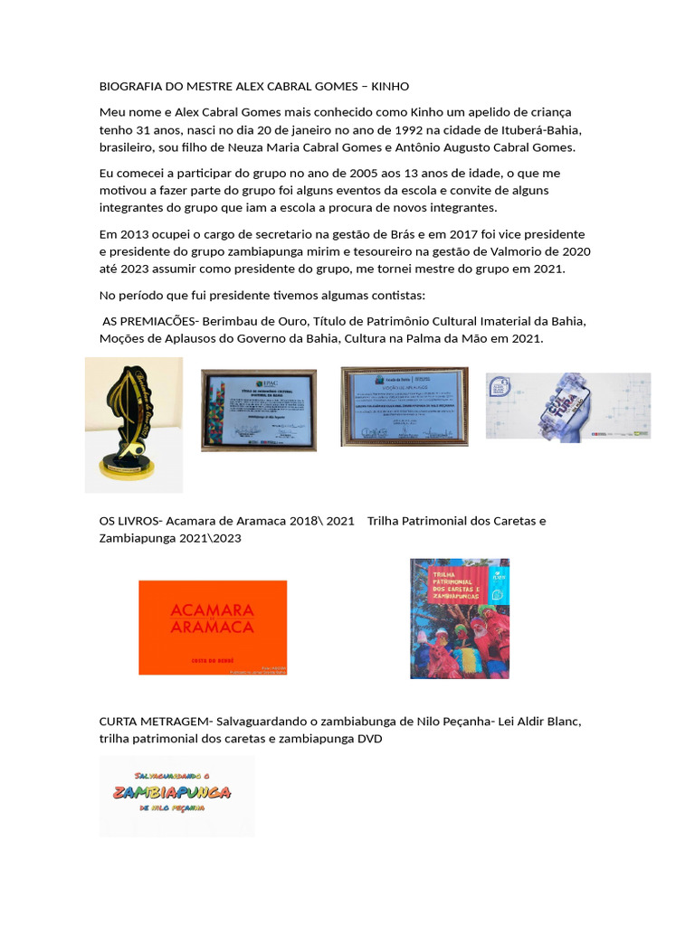 BIOGRAFIA DO MESTRE ALEX CABRAL GOMES | PDF