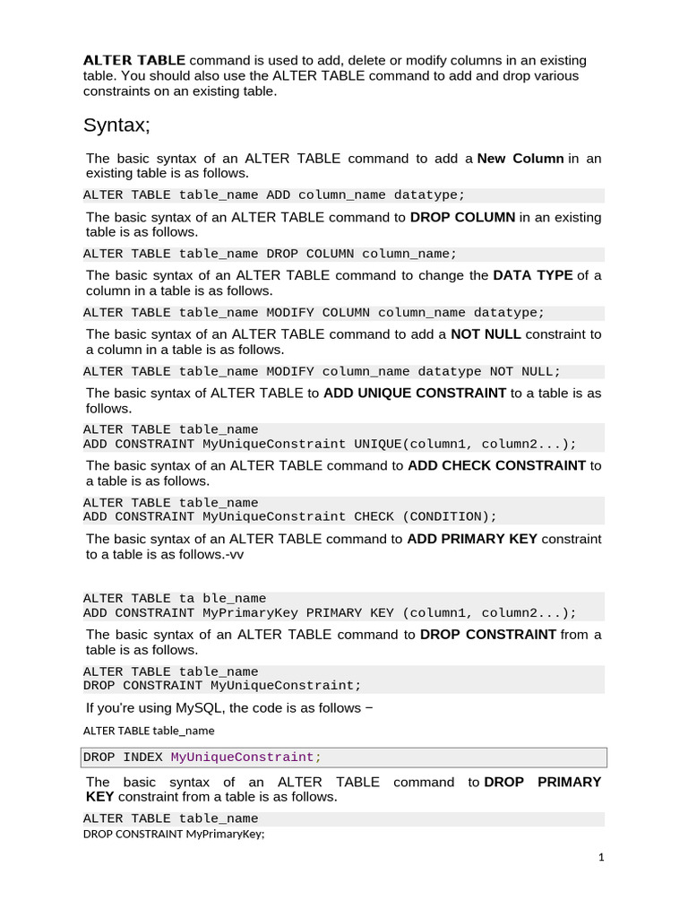ALTER TABLE COMMAND IN SQL | PDF | Table (Database) | Software Design ALTER TABLE COMMAND IN SQL | PDF | Table (Database) | Software Design