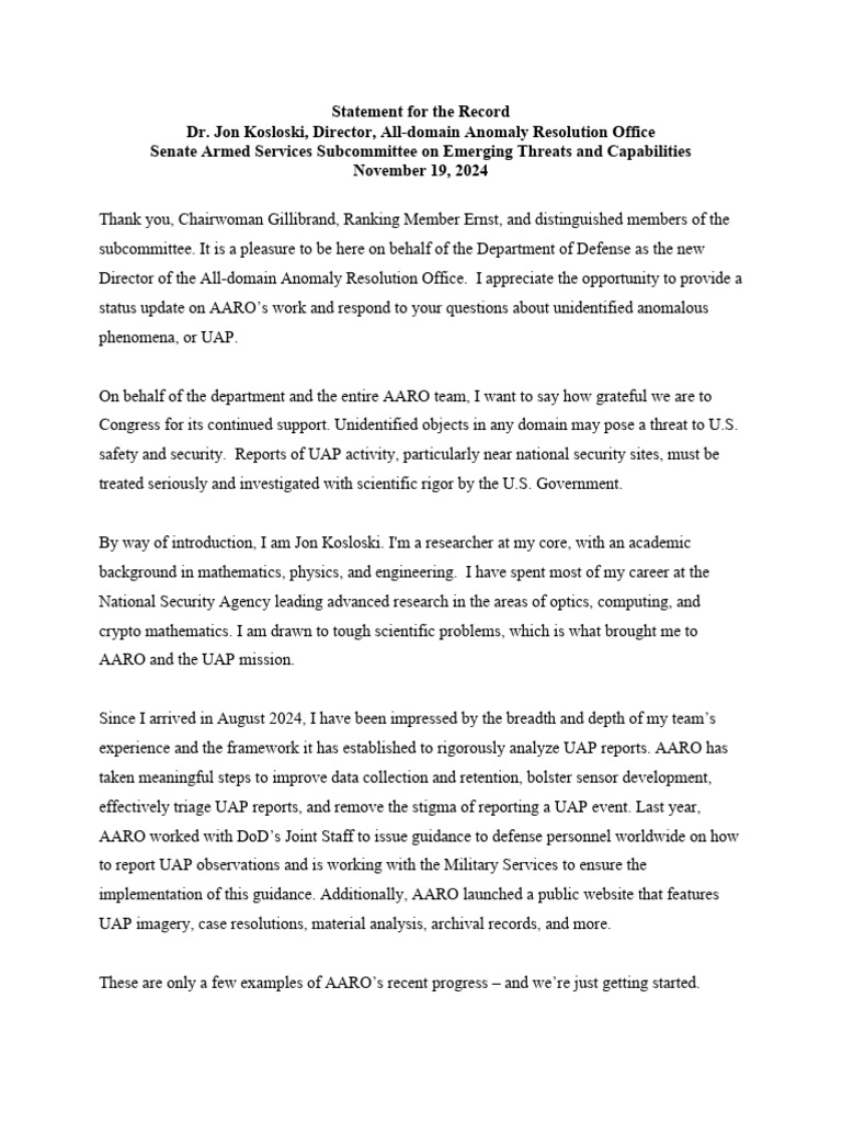DR Jon Kosloski Statement For The Record SASC Open Hearing Nov2024 ...