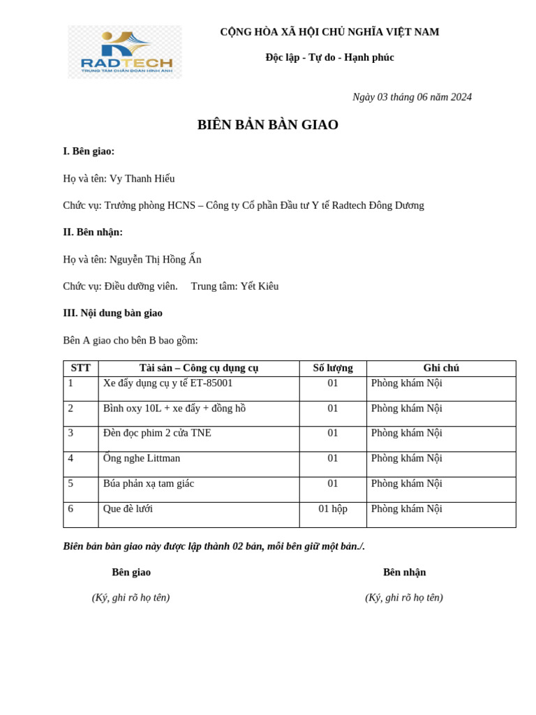 Mẫu - BB bàn giao | PDF