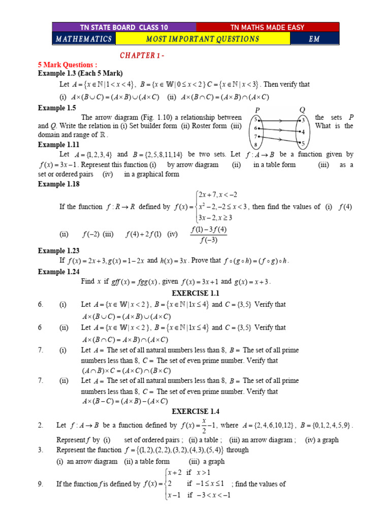 Tn State Board Class 10 Em Important 5 Mark Questions | PDF | Function (Mathematics ...