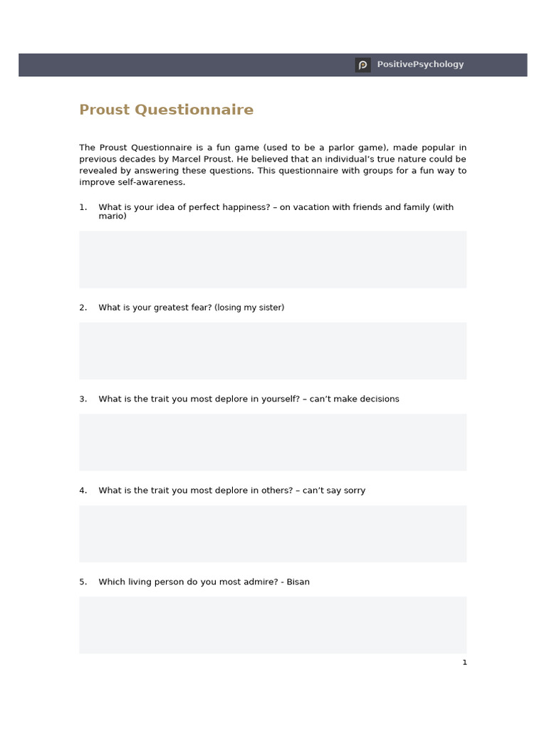 Proust Questionnaire | PDF | Psychology | Social Psychology
