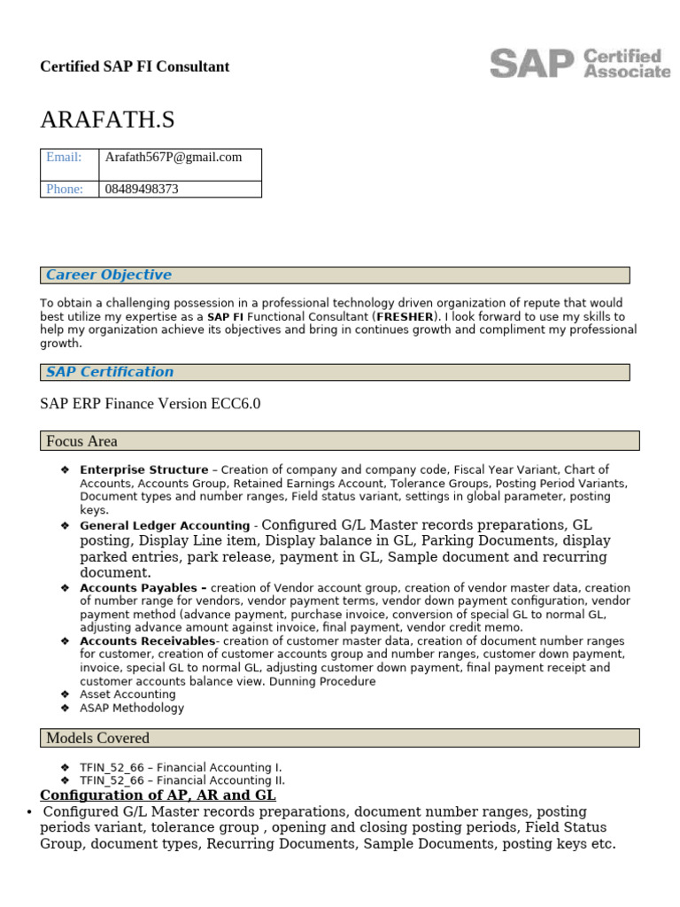 Certified SAP FI Consultant Resume | PDF | Accounts Payable | Business