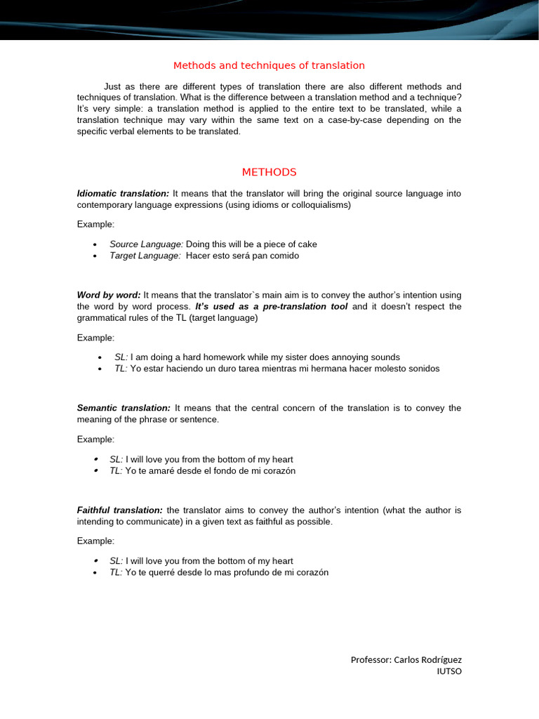 Methods and Techniques of translation-II trimester | PDF | Translations | Idiom