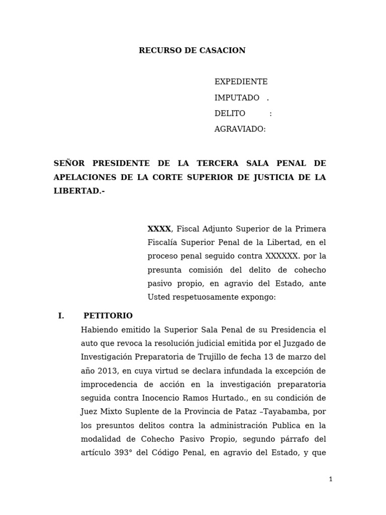 MODELO DE RECURSO DE CASACION POR CARENCIA DE MOTIVACION | PDF | Derecho penal | Sentencia (ley)
